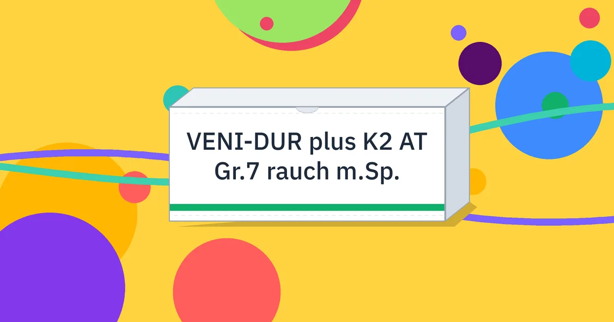 Symbolbild: Packung mit der Aufschrift VENI-DUR plus K2 AT Gr.7 rauch m.Sp. (PZN 03255195) – Verfügbarkeit und Bezug in Apotheken in Frankfurt am Main