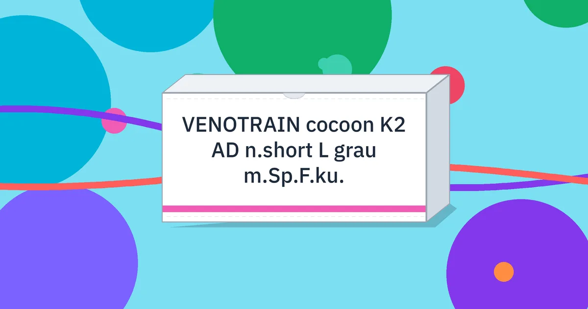Symbolbild: Packung mit der Aufschrift VENOTRAIN cocoon K2 AD n.short L grau m.Sp.F.ku. (PZN 19198542) – Verfügbarkeit und Bezug in Apotheken in Frankfurt am Main