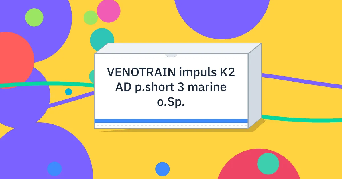 Symbolbild: Packung mit der Aufschrift VENOTRAIN impuls K2 AD p.short 3 marine o.Sp. (PZN 15221505) – Verfügbarkeit und Bezug in Apotheken in Frankfurt am Main