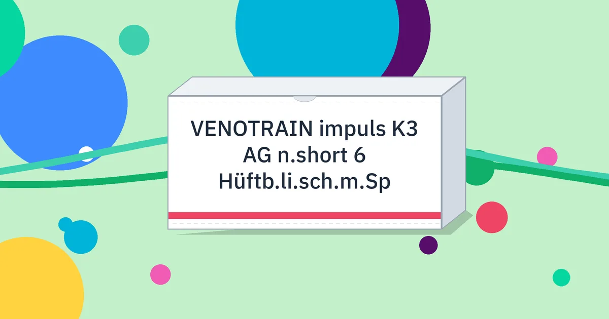 Symbolbild: Packung mit der Aufschrift VENOTRAIN impuls K3 AG n.short 6 Hüftb.li.sch.m.Sp (PZN 10295605) – Verfügbarkeit und Bezug in Apotheken in Frankfurt am Main
