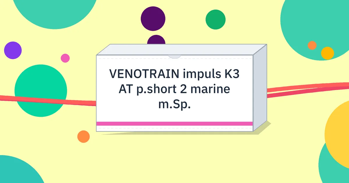 Symbolbild: Packung mit der Aufschrift VENOTRAIN impuls K3 AT p.short 2 marine m.Sp. (PZN 19355674) – Verfügbarkeit und Bezug in Apotheken in Frankfurt am Main
