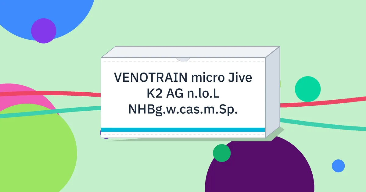 Symbolbild: Packung mit der Aufschrift VENOTRAIN micro Jive K2 AG n.lo.L NHBg.w.cas.m.Sp. (PZN 20768051) – Verfügbarkeit und Bezug in Apotheken in Frankfurt am Main
