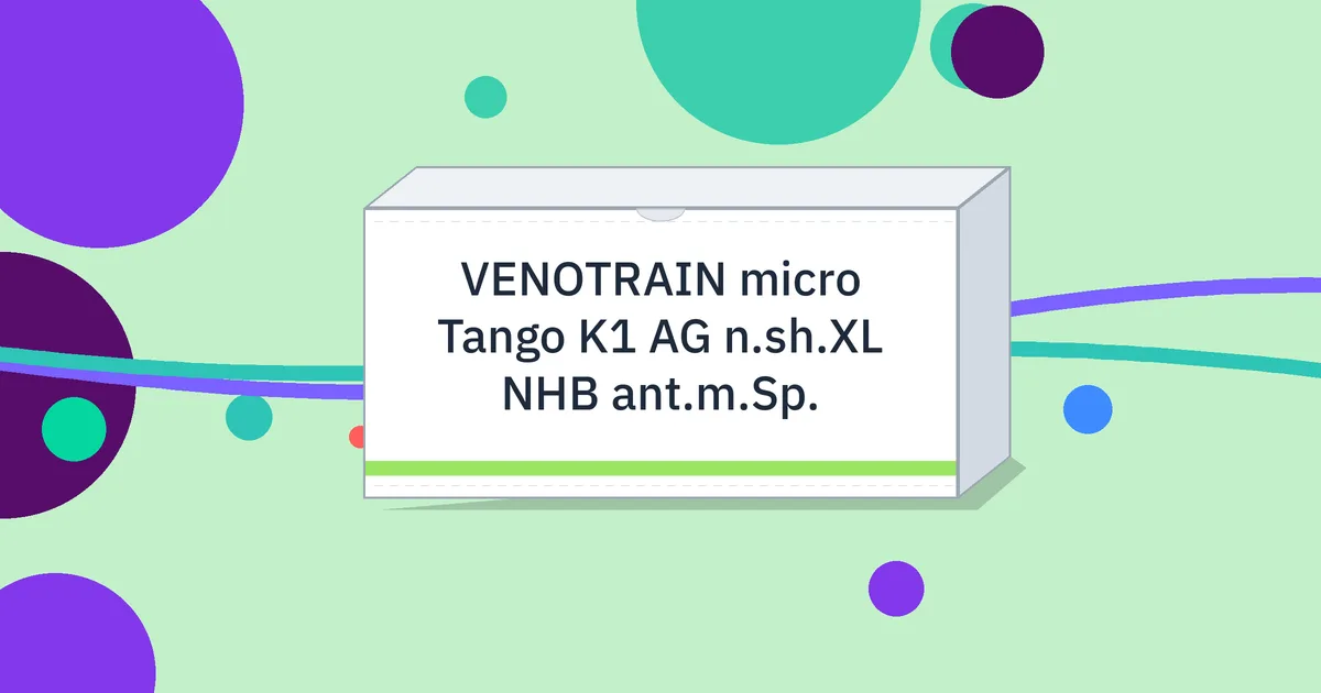 Symbolbild: Packung mit der Aufschrift VENOTRAIN micro Tango K1 AG n.sh.XL NHB ant.m.Sp. (PZN 17766083) – Verfügbarkeit und Bezug in Apotheken in Frankfurt am Main