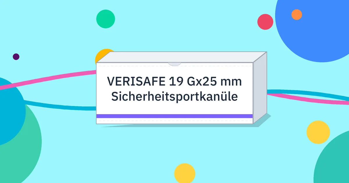 Symbolbild: Packung mit der Aufschrift VERISAFE 19 Gx25 mm Sicherheitsportkanüle (PZN 19173950) – Verfügbarkeit und Bezug in Apotheken in Frankfurt am Main