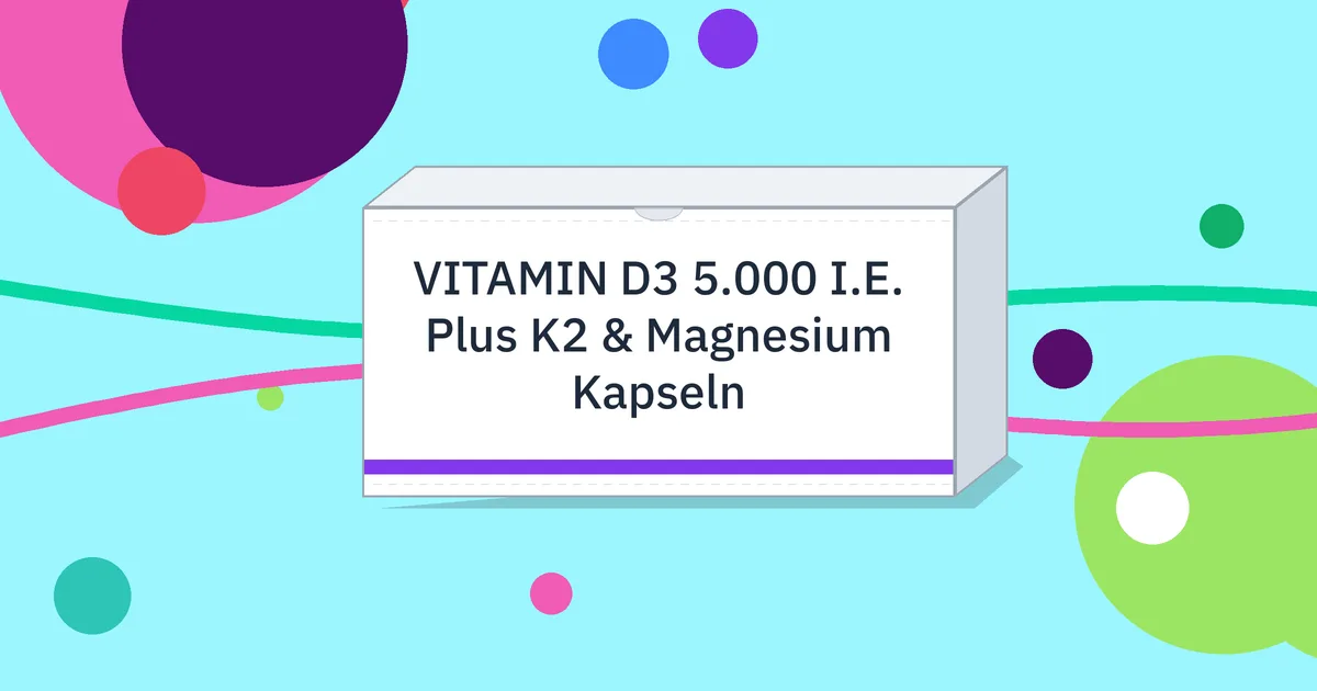 Symbolbild: Packung mit der Aufschrift VITAMIN D3 5.000 I.E. Plus K2 & Magnesium Kapseln (PZN 15737025) – Verfügbarkeit und Bezug in Apotheken in Frankfurt am Main