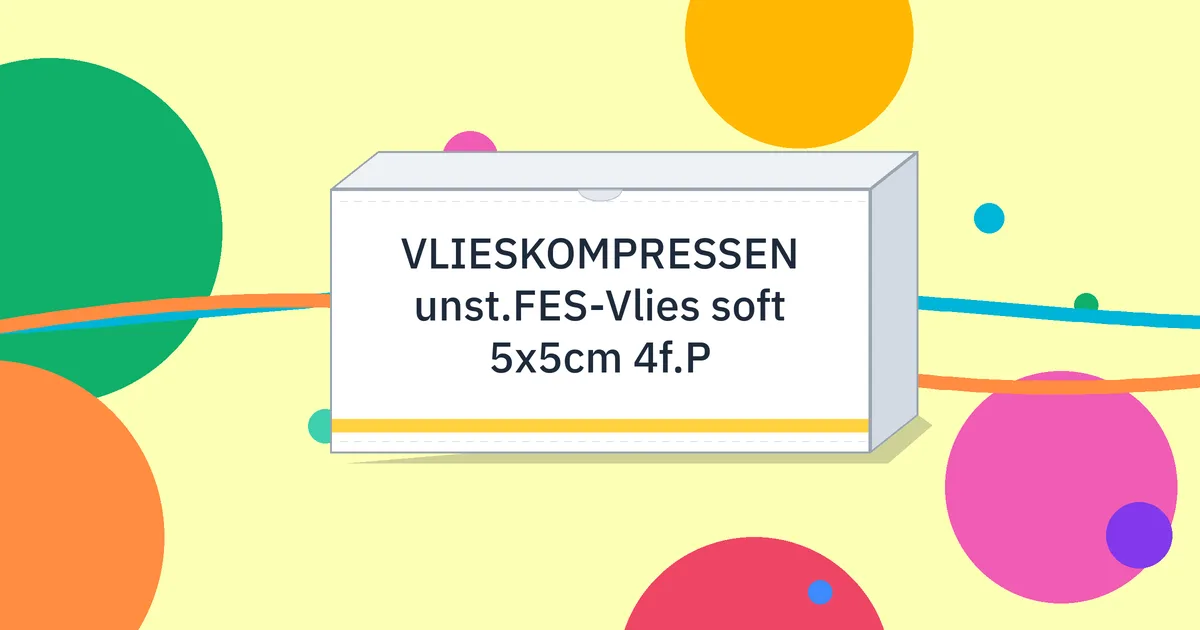 Symbolbild: Packung mit der Aufschrift VLIESKOMPRESSEN unst.FES-Vlies soft 5x5cm 4f.P (PZN 20156307) – Verfügbarkeit und Bezug in Apotheken in Frankfurt am Main