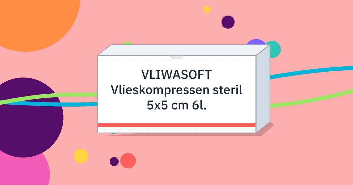 Symbolbild: Packung mit der Aufschrift VLIWASOFT Vlieskompressen steril 5x5 cm 6l. (PZN 17834198) – Verfügbarkeit und Bezug in Apotheken in Frankfurt am Main