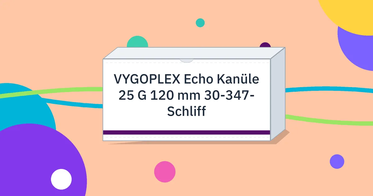 Symbolbild: Packung mit der Aufschrift VYGOPLEX Echo Kanüle 25 G 120 mm 30-347-Schliff (PZN 19817755) – Verfügbarkeit und Bezug in Apotheken in Frankfurt am Main