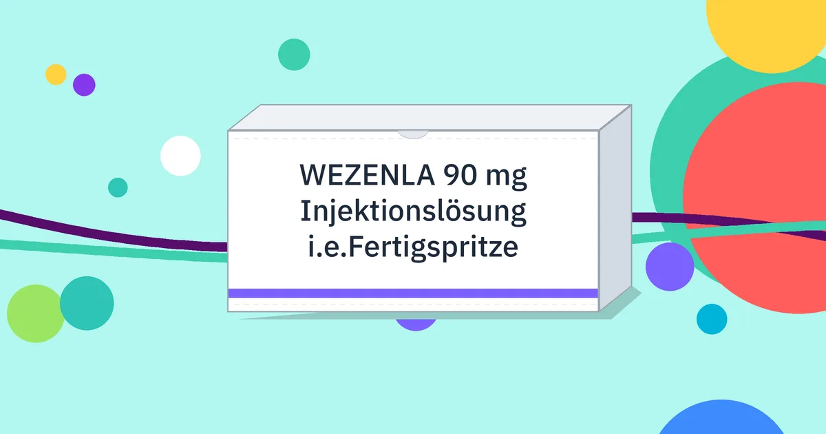 Symbolbild: Packung mit der Aufschrift WEZENLA 90 mg Injektionslösung i.e.Fertigspritze (PZN 20175173) – Verfügbarkeit und Bezug in Apotheken in Frankfurt am Main
