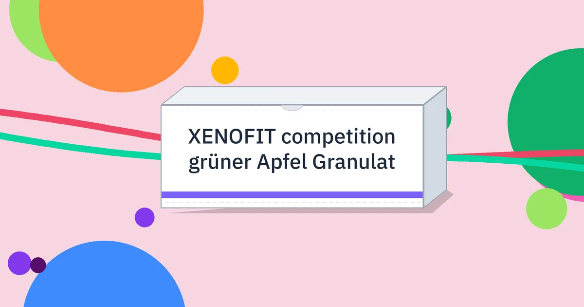Symbolbild: Packung mit der Aufschrift XENOFIT competition grüner Apfel Granulat (PZN 20418606) – Verfügbarkeit und Bezug in Apotheken in Frankfurt am Main