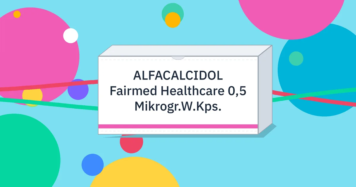 Symbolbild: Packung mit der Aufschrift ALFACALCIDOL Fairmed Healthcare 0,5 Mikrogr.W.Kps. (PZN 16735318) – Verfügbarkeit und Bezug in Apotheken in Frankfurt am Main
