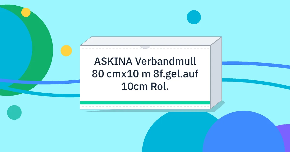 Symbolbild: Packung mit der Aufschrift ASKINA Verbandmull 80 cmx10 m 8f.gel.auf 10cm Rol. (PZN 11296601) – Verfügbarkeit und Bezug in Apotheken in Frankfurt am Main
