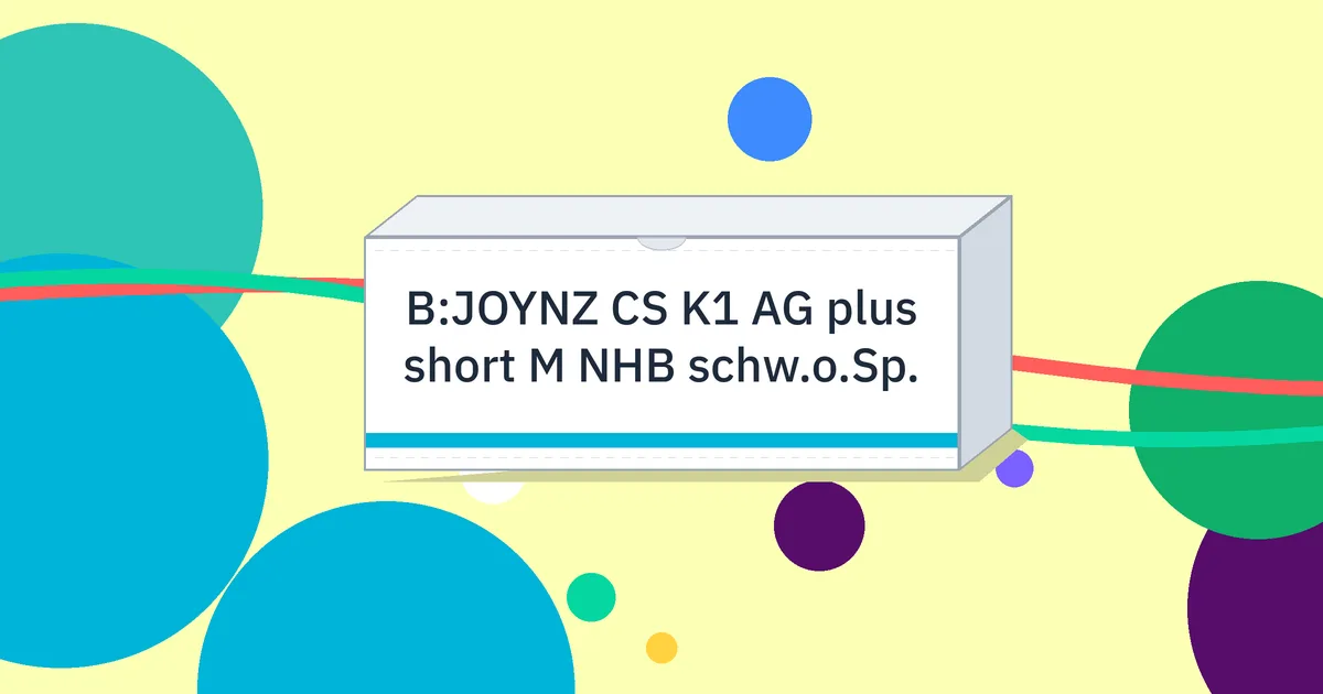 Symbolbild: Packung mit der Aufschrift B:JOYNZ CS K1 AG plus short M NHB schw.o.Sp. (PZN 20534382) – Verfügbarkeit und Bezug in Apotheken in Frankfurt am Main