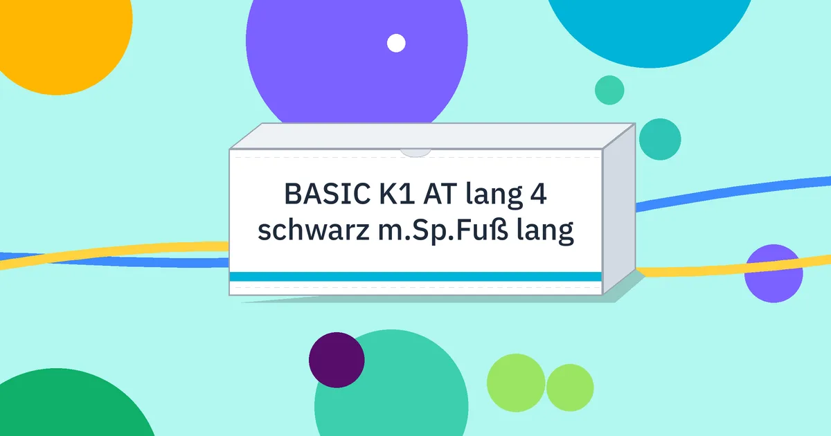 Symbolbild: Packung mit der Aufschrift BASIC K1 AT lang 4 schwarz m.Sp.Fuß lang (PZN 20262759) – Verfügbarkeit und Bezug in Apotheken in Frankfurt am Main