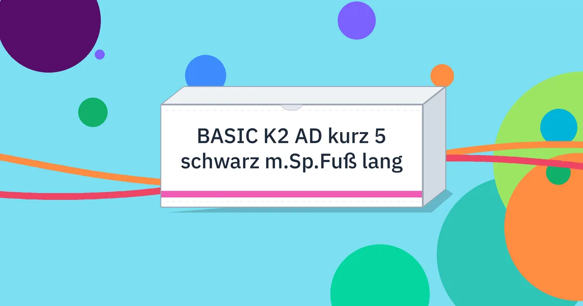 Symbolbild: Packung mit der Aufschrift BASIC K2 AD kurz 5 schwarz m.Sp.Fuß lang (PZN 20265203) – Verfügbarkeit und Bezug in Apotheken in Frankfurt am Main