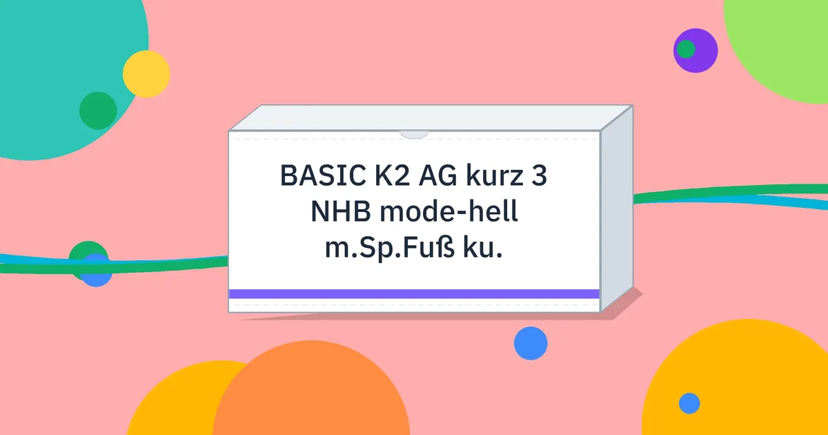 Symbolbild: Packung mit der Aufschrift BASIC K2 AG kurz 3 NHB mode-hell m.Sp.Fuß ku. (PZN 20267136) – Verfügbarkeit und Bezug in Apotheken in Frankfurt am Main
