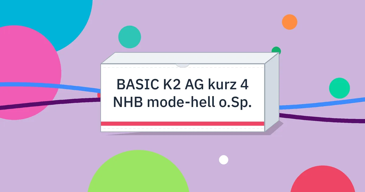 Symbolbild: Packung mit der Aufschrift BASIC K2 AG kurz 4 NHB mode-hell o.Sp. (PZN 20267550) – Verfügbarkeit und Bezug in Apotheken in Frankfurt am Main