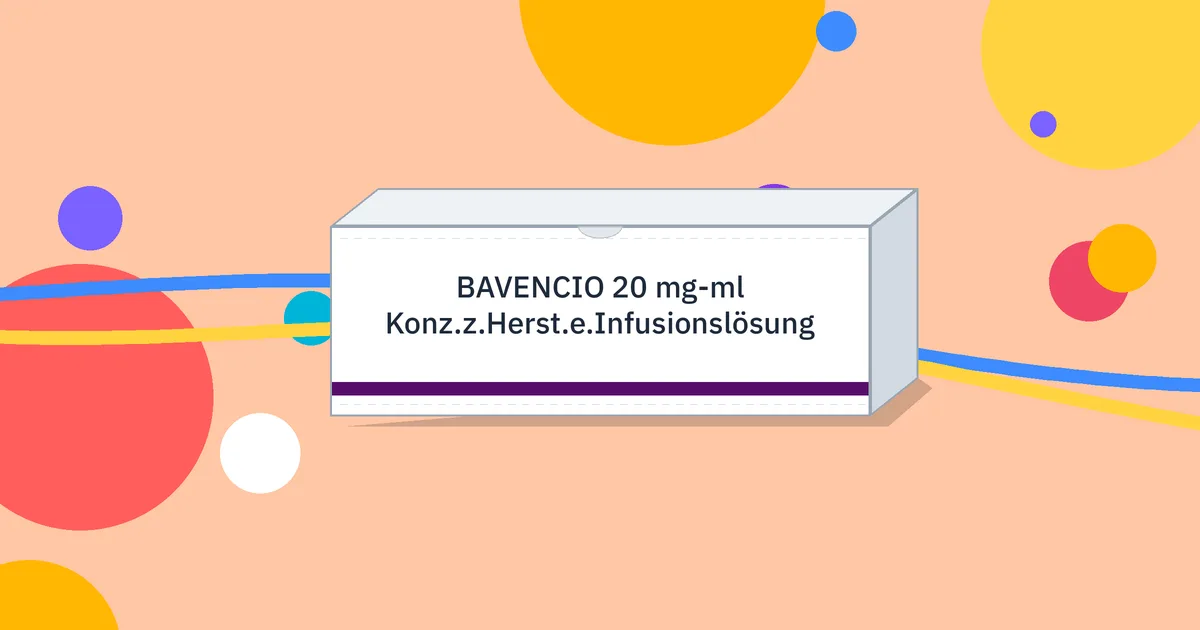 Symbolbild: Packung mit der Aufschrift BAVENCIO 20 mg-ml Konz.z.Herst.e.Infusionslösung (PZN 18891726) – Verfügbarkeit und Bezug in Apotheken in Frankfurt am Main