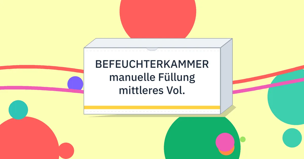 Symbolbild: Packung mit der Aufschrift BEFEUCHTERKAMMER manuelle Füllung mittleres Vol. (PZN 17431520) – Verfügbarkeit und Bezug in Apotheken in Frankfurt am Main