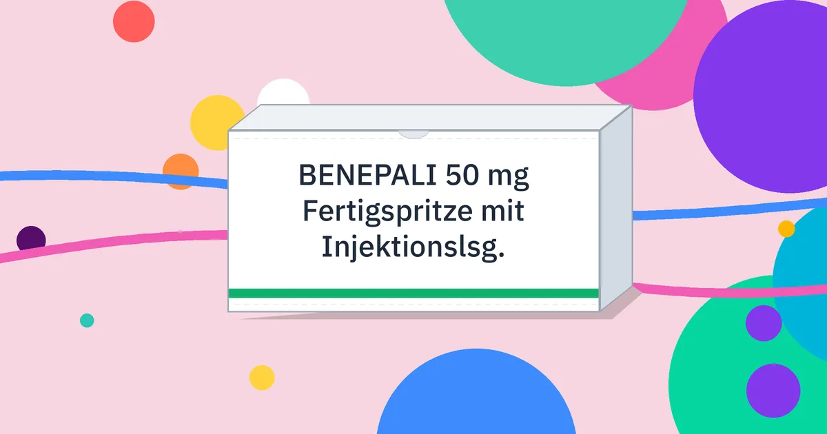 Symbolbild: Packung mit der Aufschrift BENEPALI 50 mg Fertigspritze mit Injektionslsg. (PZN 12365741) – Verfügbarkeit und Bezug in Apotheken in Frankfurt am Main