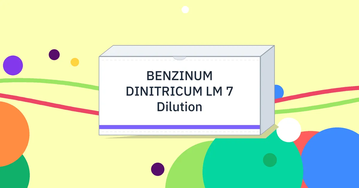Symbolbild: Packung mit der Aufschrift BENZINUM DINITRICUM LM 7 Dilution (PZN 13382090) – Verfügbarkeit und Bezug in Apotheken in Frankfurt am Main