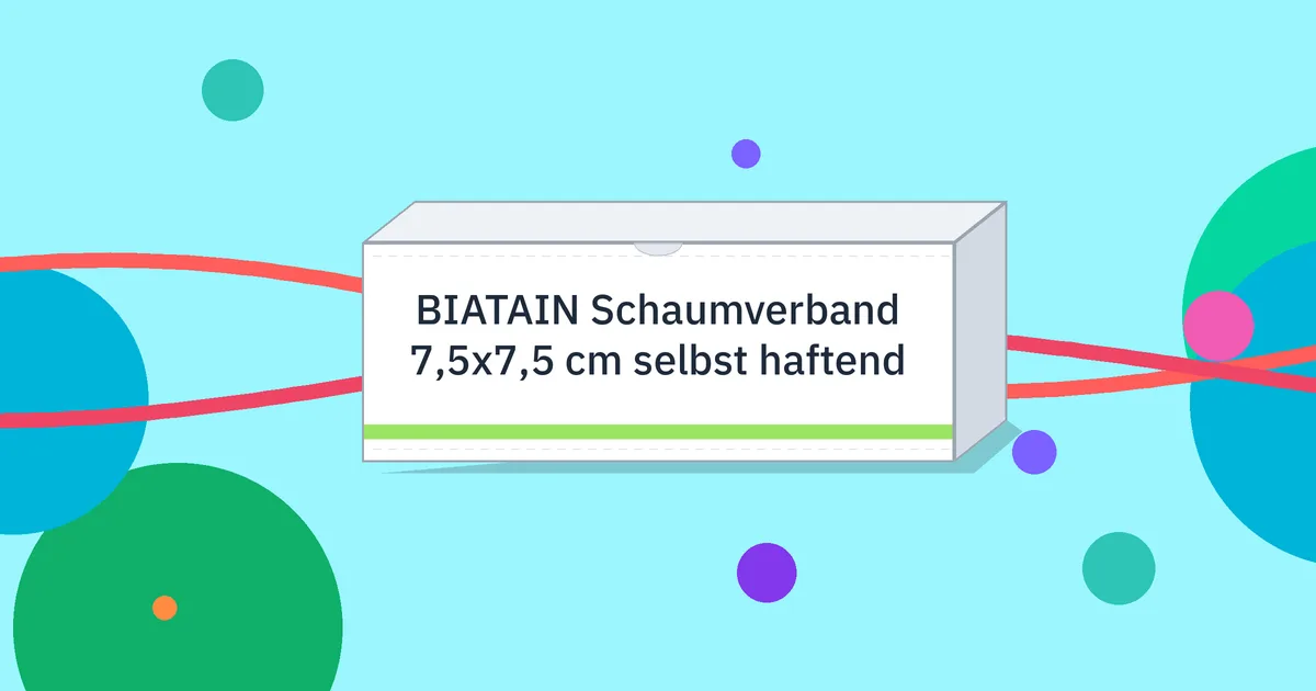 Symbolbild: Packung mit der Aufschrift BIATAIN Schaumverband 7,5x7,5 cm selbst haftend (PZN 19855543) – Verfügbarkeit und Bezug in Apotheken in Frankfurt am Main