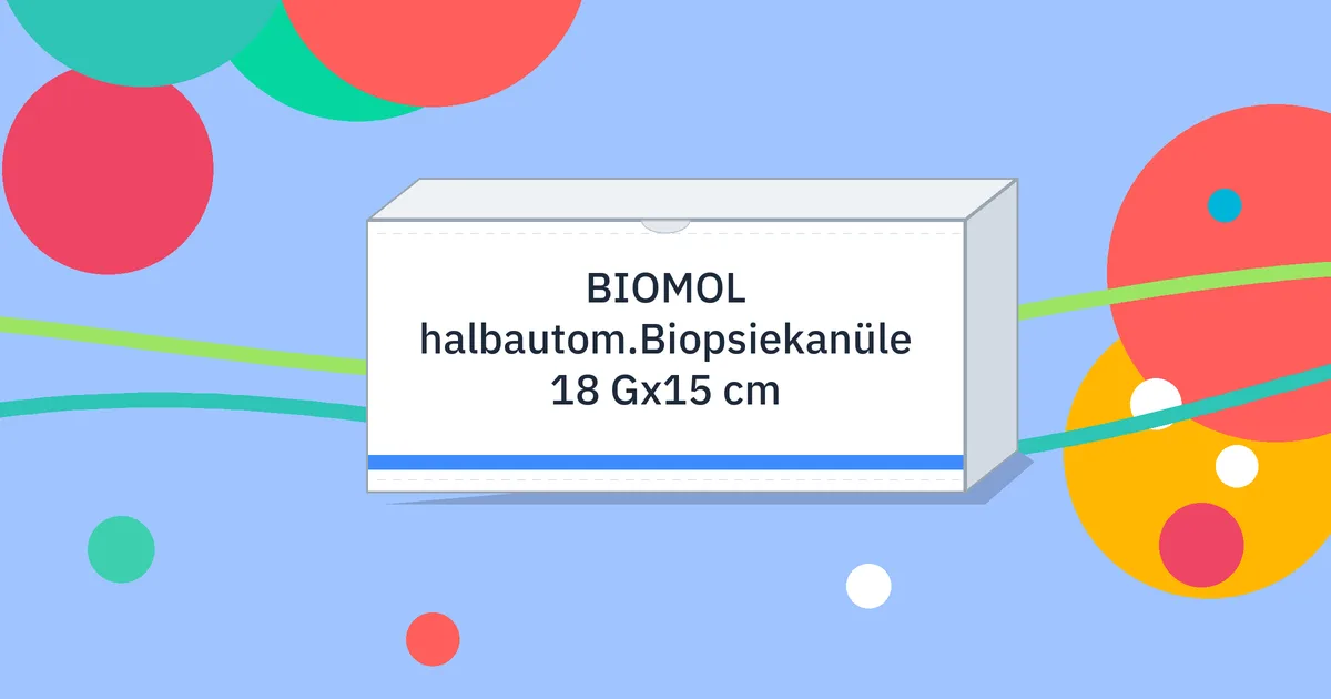 Symbolbild: Packung mit der Aufschrift BIOMOL halbautom.Biopsiekanüle 18 Gx15 cm (PZN 06123778) – Verfügbarkeit und Bezug in Apotheken in Frankfurt am Main