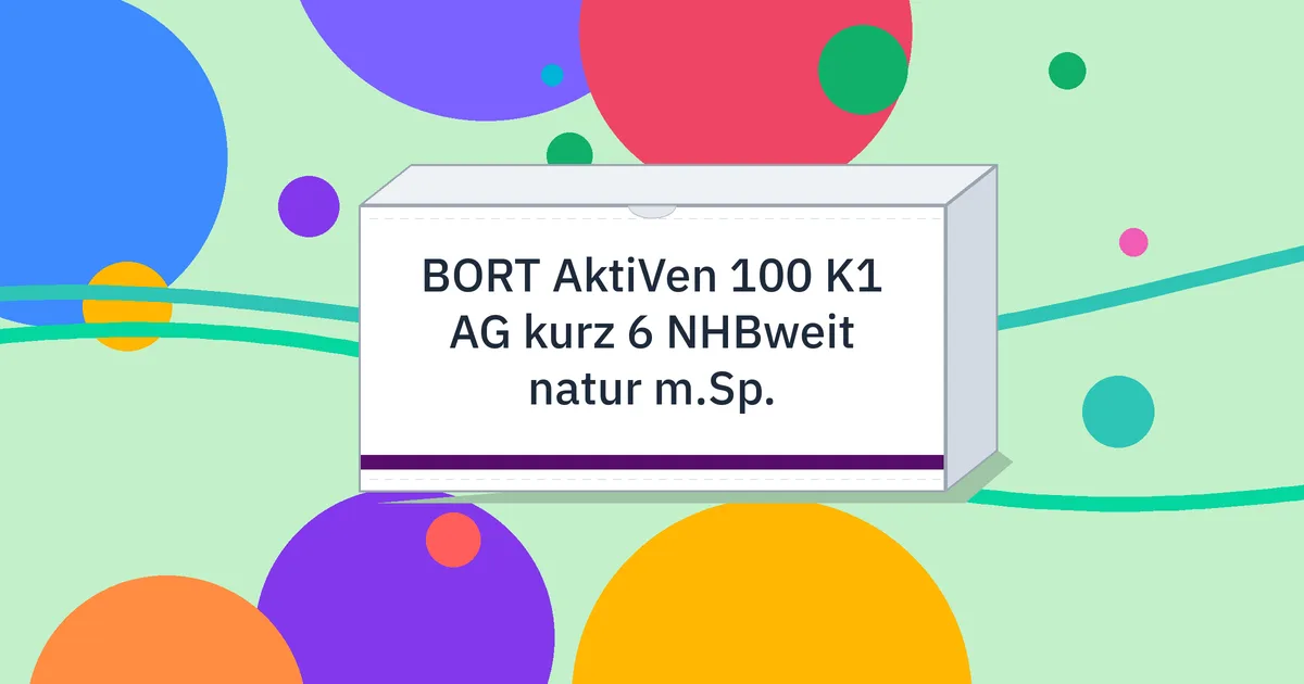 Symbolbild: Packung mit der Aufschrift BORT AktiVen 100 K1 AG kurz 6 NHBweit natur m.Sp. (PZN 13730007) – Verfügbarkeit und Bezug in Apotheken in Frankfurt am Main