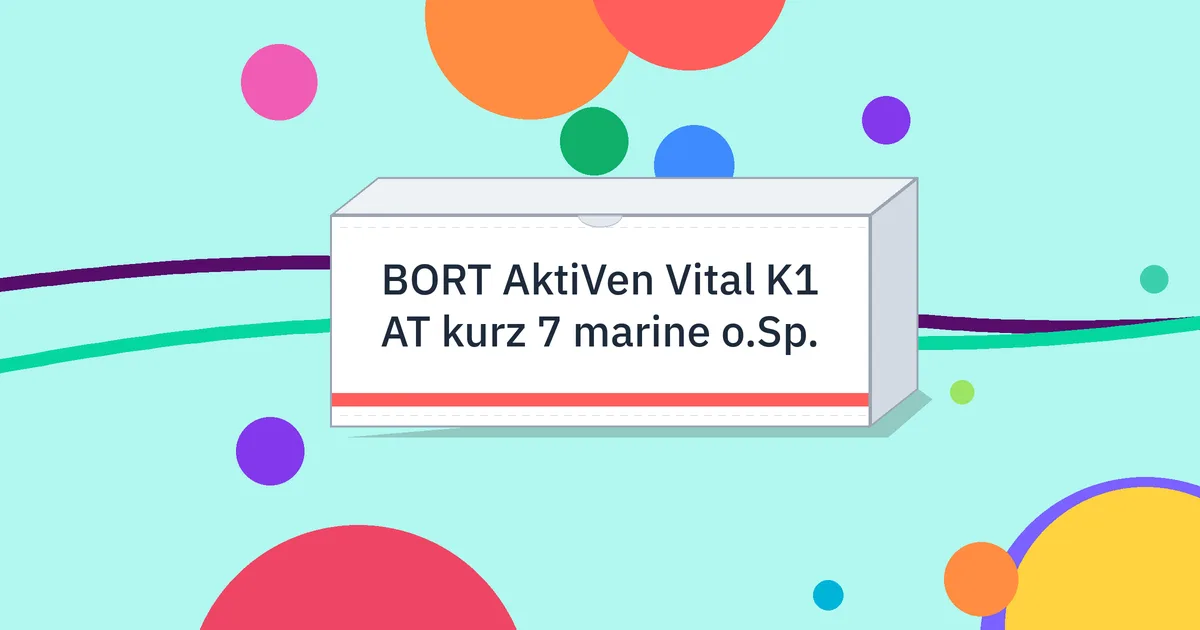 Symbolbild: Packung mit der Aufschrift BORT AktiVen Vital K1 AT kurz 7 marine o.Sp. (PZN 13741117) – Verfügbarkeit und Bezug in Apotheken in Frankfurt am Main