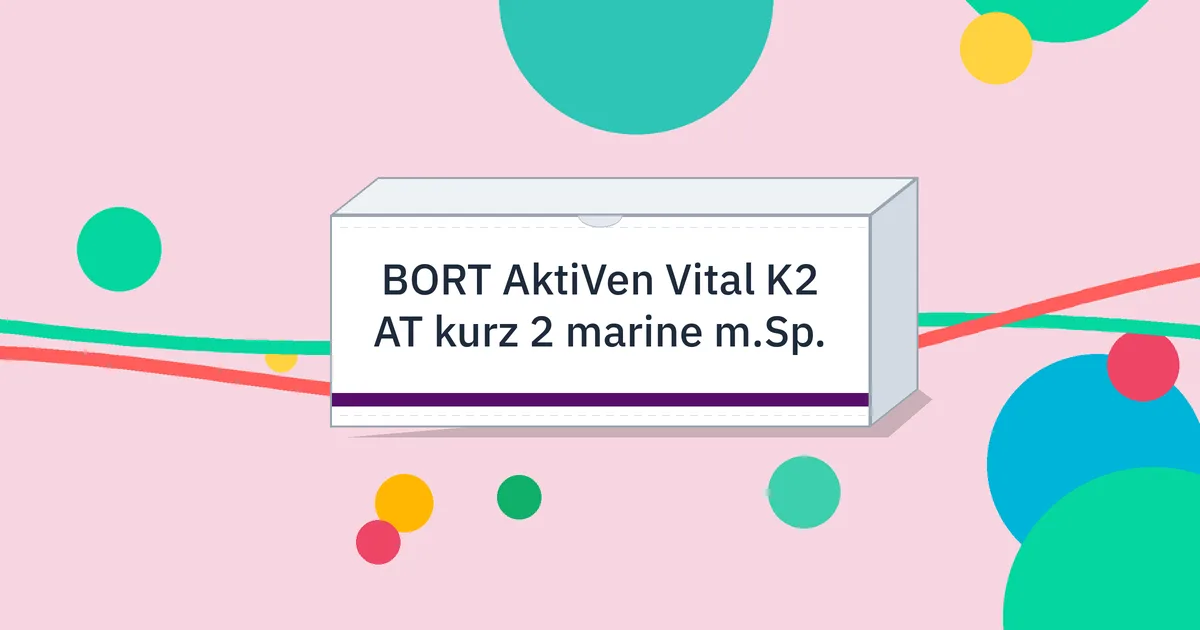Symbolbild: Packung mit der Aufschrift BORT AktiVen Vital K2 AT kurz 2 marine m.Sp. (PZN 13741927) – Verfügbarkeit und Bezug in Apotheken in Frankfurt am Main