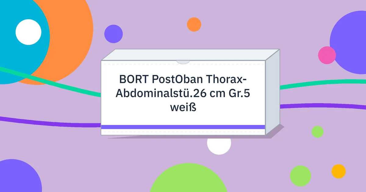 Symbolbild: Packung mit der Aufschrift BORT PostOban Thorax-Abdominalstü.26 cm Gr.5 weiß (PZN 02773568) – Verfügbarkeit und Bezug in Apotheken in Frankfurt am Main