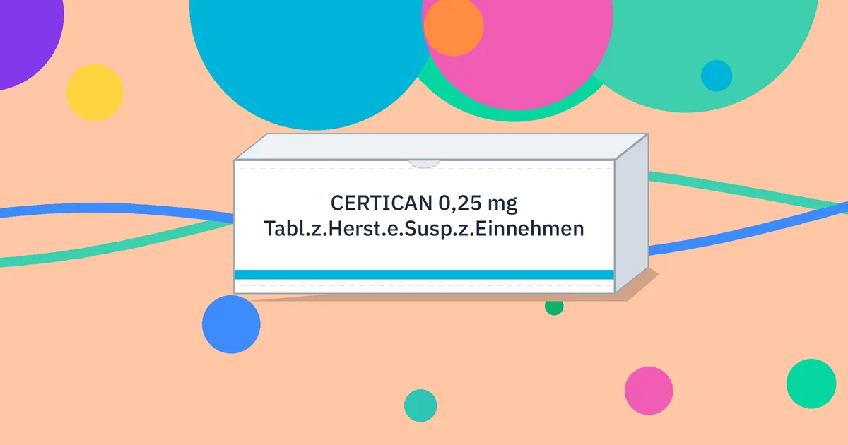 Symbolbild: Packung mit der Aufschrift CERTICAN 0,25 mg Tabl.z.Herst.e.Susp.z.Einnehmen (PZN 20141168) – Verfügbarkeit und Bezug in Apotheken in Frankfurt am Main