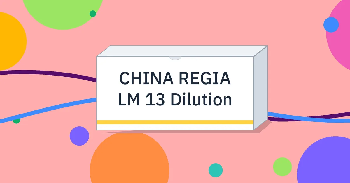 Symbolbild: Packung mit der Aufschrift CHINA REGIA LM 13 Dilution (PZN 12814280) – Verfügbarkeit und Bezug in Apotheken in Frankfurt am Main