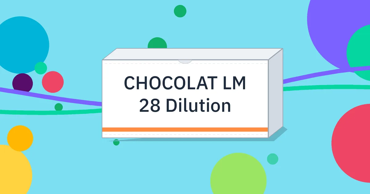 Symbolbild: Packung mit der Aufschrift CHOCOLAT LM 28 Dilution (PZN 12817083) – Verfügbarkeit und Bezug in Apotheken in Frankfurt am Main