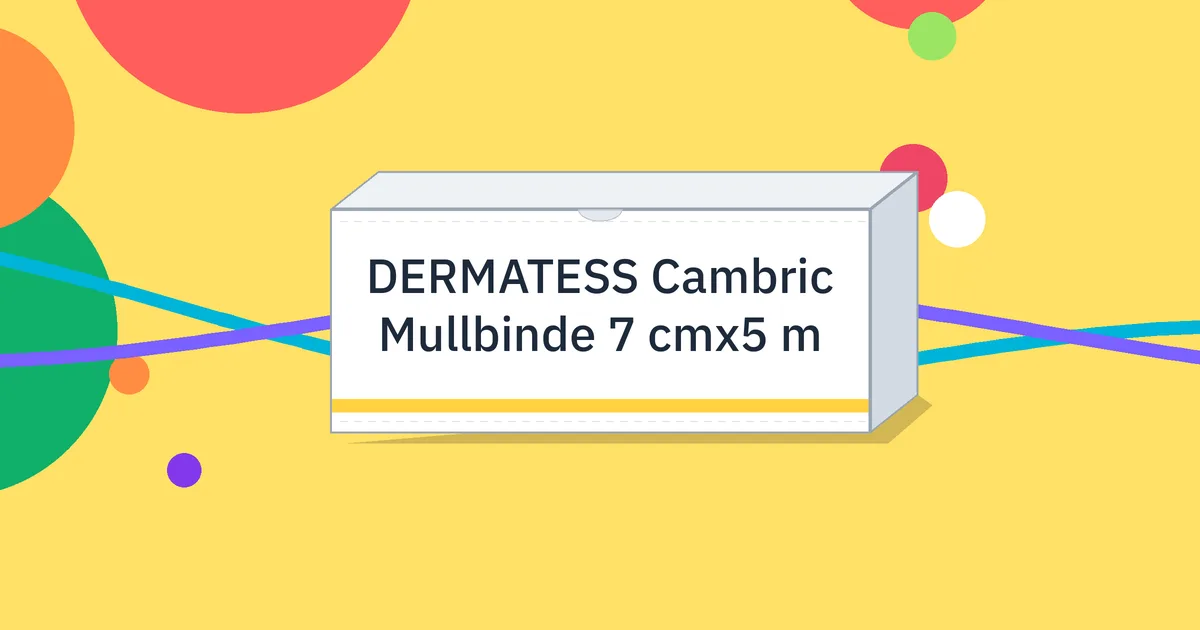 Symbolbild: Packung mit der Aufschrift DERMATESS Cambric Mullbinde 7 cmx5 m (PZN 06149476) – Verfügbarkeit und Bezug in Apotheken in Frankfurt am Main