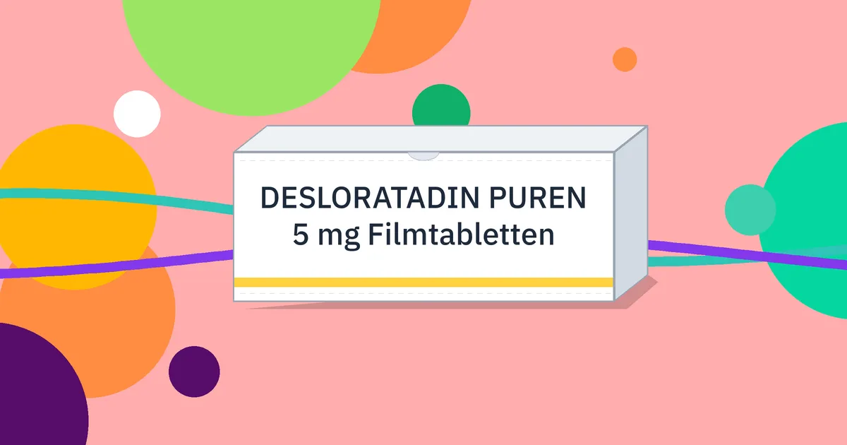 Symbolbild: Packung mit der Aufschrift DESLORATADIN PUREN 5 mg Filmtabletten (PZN 13359211) – Verfügbarkeit und Bezug in Apotheken in Frankfurt am Main