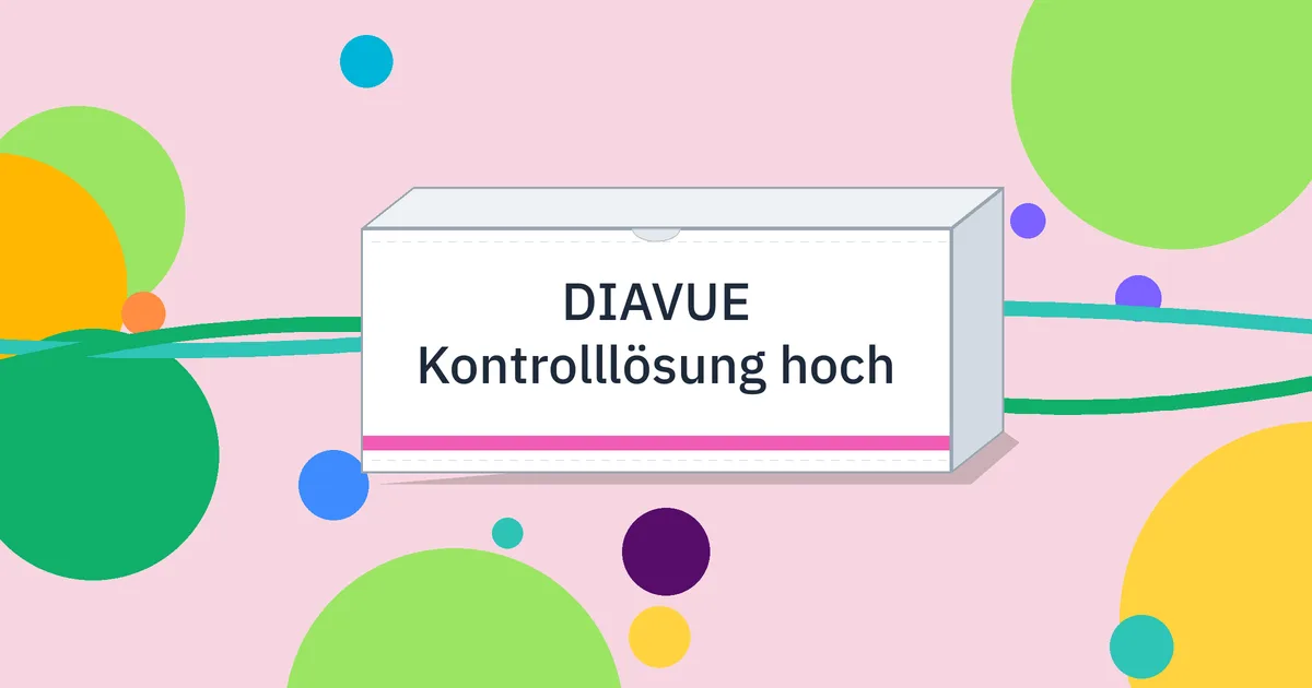 Symbolbild: Packung mit der Aufschrift DIAVUE Kontrolllösung hoch (PZN 20056965) – Verfügbarkeit und Bezug in Apotheken in Frankfurt am Main