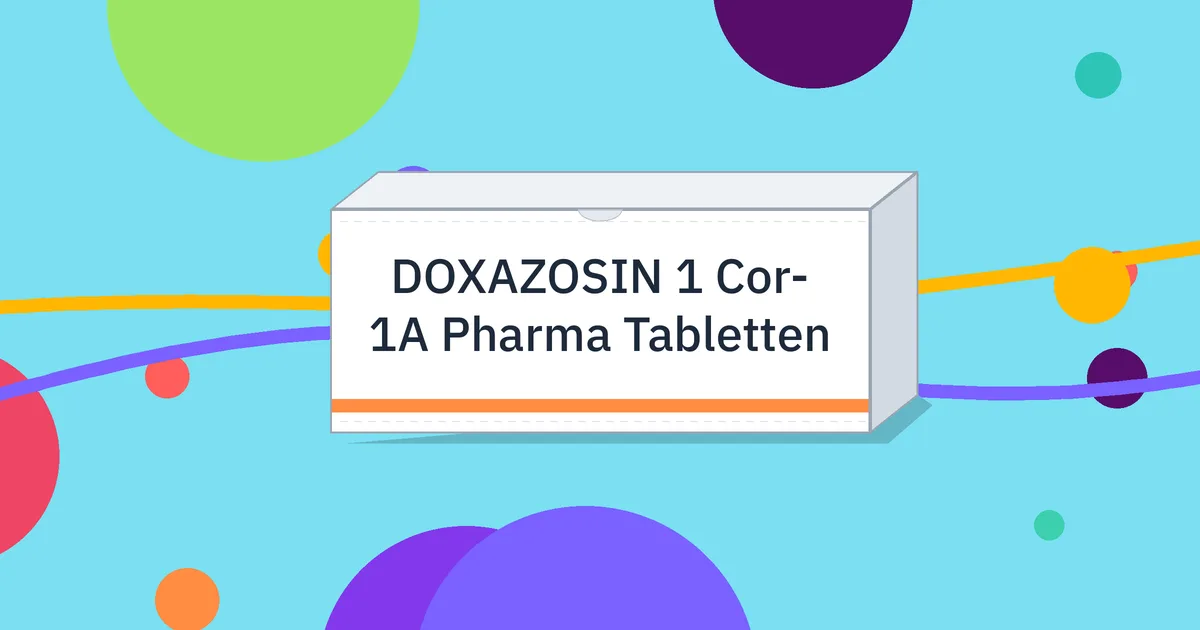 Symbolbild: Packung mit der Aufschrift DOXAZOSIN 1 Cor-1A Pharma Tabletten (PZN 02208727) – Verfügbarkeit und Bezug in Apotheken in Frankfurt am Main