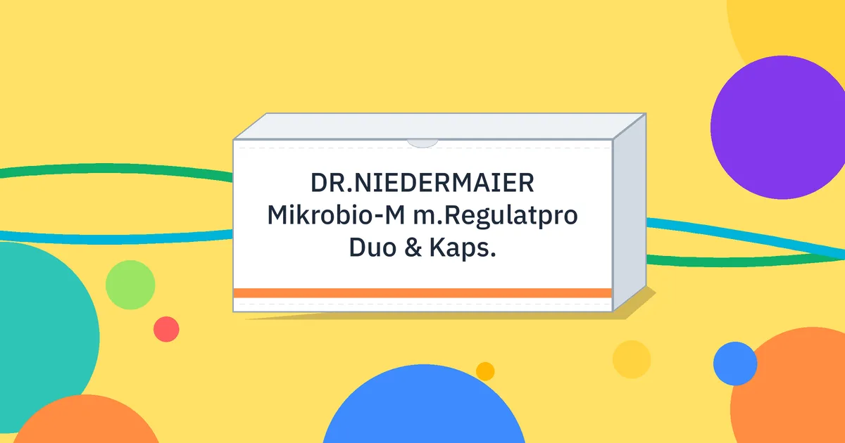 Symbolbild: Packung mit der Aufschrift DR.NIEDERMAIER Mikrobio-M m.Regulatpro Duo & Kaps. (PZN 19481522) – Verfügbarkeit und Bezug in Apotheken in Frankfurt am Main