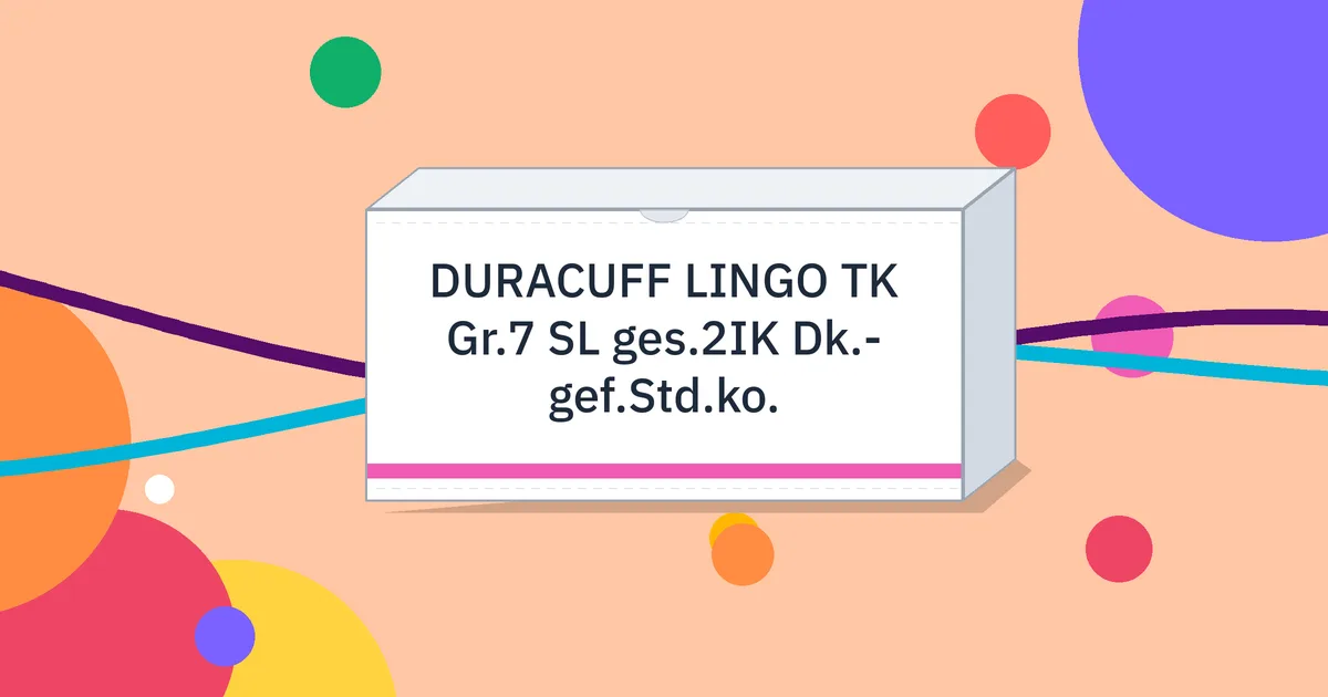 Symbolbild: Packung mit der Aufschrift DURACUFF LINGO TK Gr.7 SL ges.2IK Dk.-gef.Std.ko. (PZN 04958898) – Verfügbarkeit und Bezug in Apotheken in Frankfurt am Main