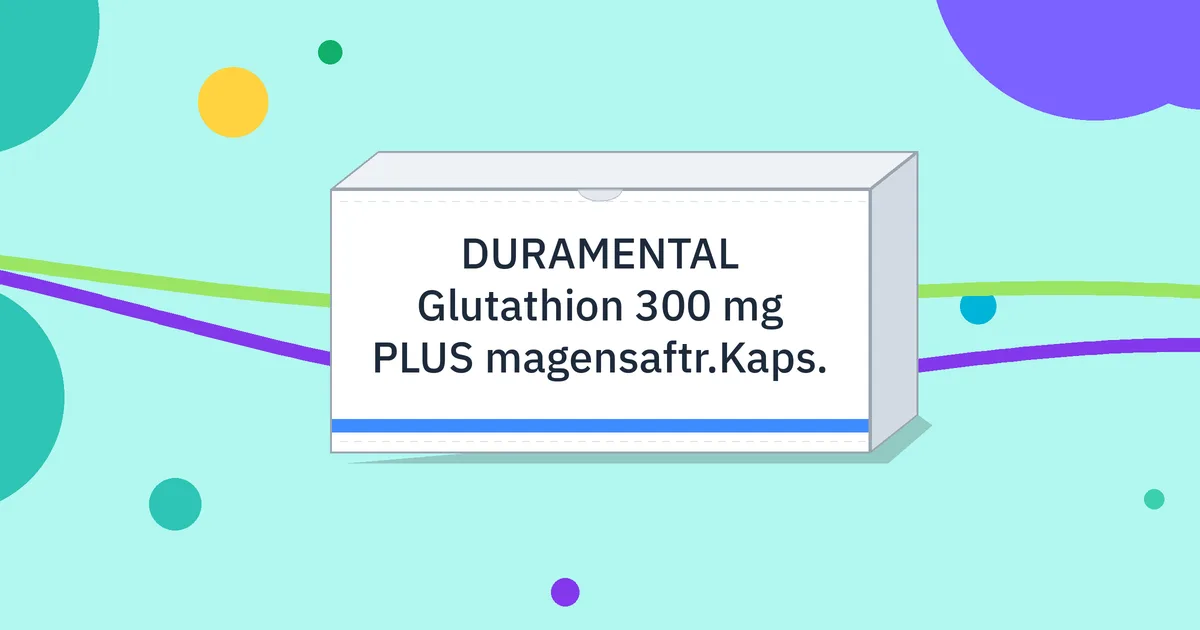 Symbolbild: Packung mit der Aufschrift DURAMENTAL Glutathion 300 mg PLUS magensaftr.Kaps. (PZN 15735517) – Verfügbarkeit und Bezug in Apotheken in Frankfurt am Main