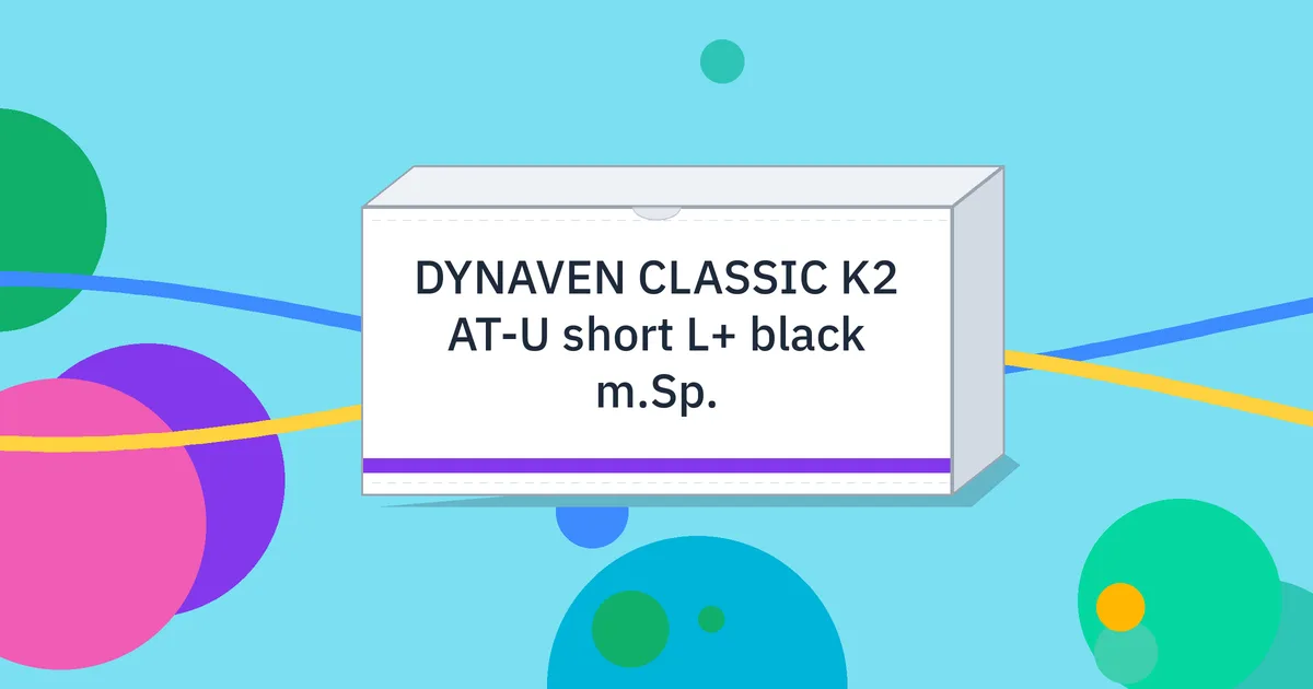 Symbolbild: Packung mit der Aufschrift DYNAVEN CLASSIC K2 AT-U short L+ black m.Sp. (PZN 18419840) – Verfügbarkeit und Bezug in Apotheken in Frankfurt am Main
