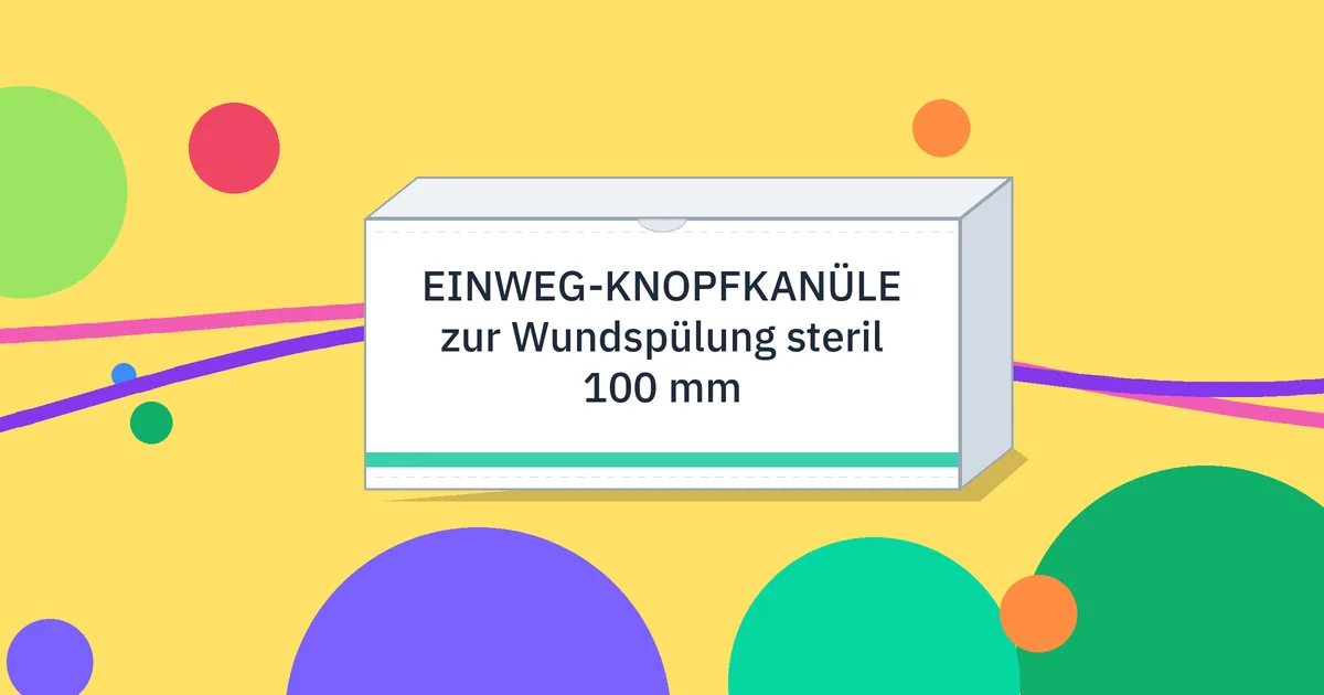 Symbolbild: Packung mit der Aufschrift EINWEG-KNOPFKANÜLE zur Wundspülung steril 100 mm (PZN 16956918) – Verfügbarkeit und Bezug in Apotheken in Frankfurt am Main