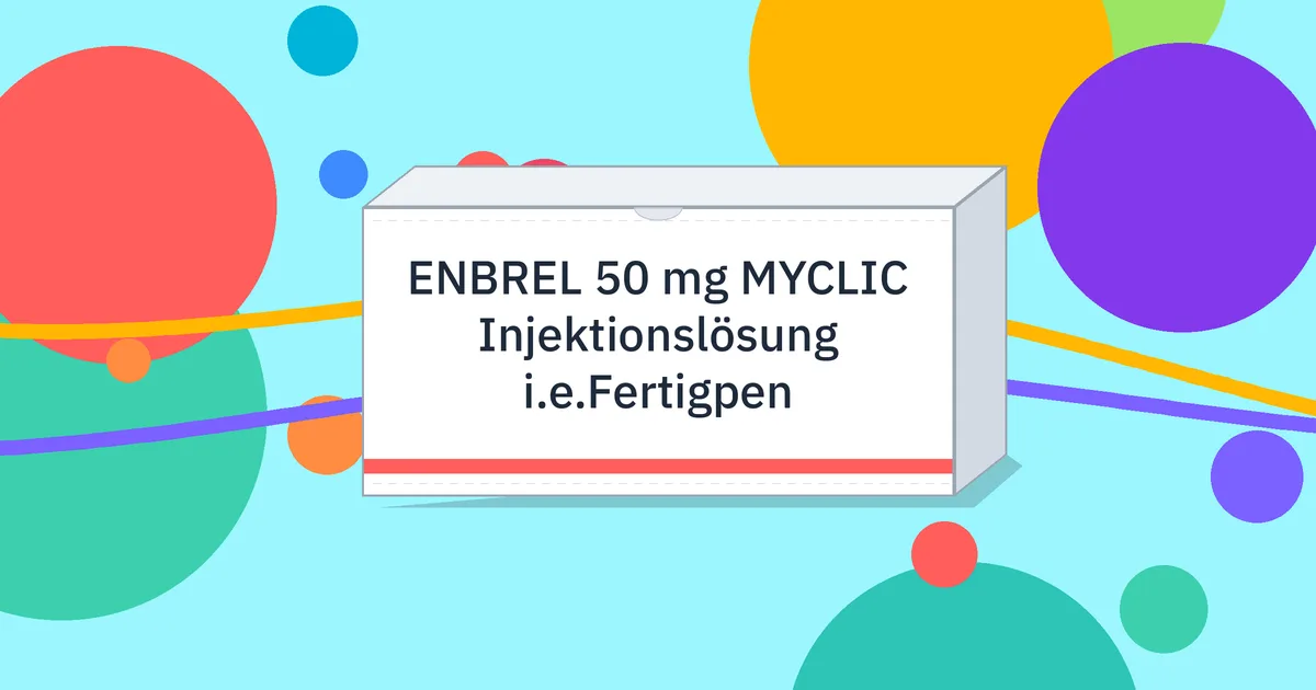 Symbolbild: Packung mit der Aufschrift ENBREL 50 mg MYCLIC Injektionslösung i.e.Fertigpen (PZN 13246493) – Verfügbarkeit und Bezug in Apotheken in Frankfurt am Main