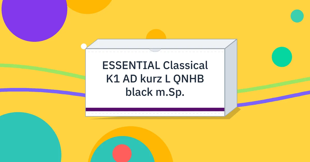 Symbolbild: Packung mit der Aufschrift ESSENTIAL Classical K1 AD kurz L QNHB black m.Sp. (PZN 18866705) – Verfügbarkeit und Bezug in Apotheken in Frankfurt am Main