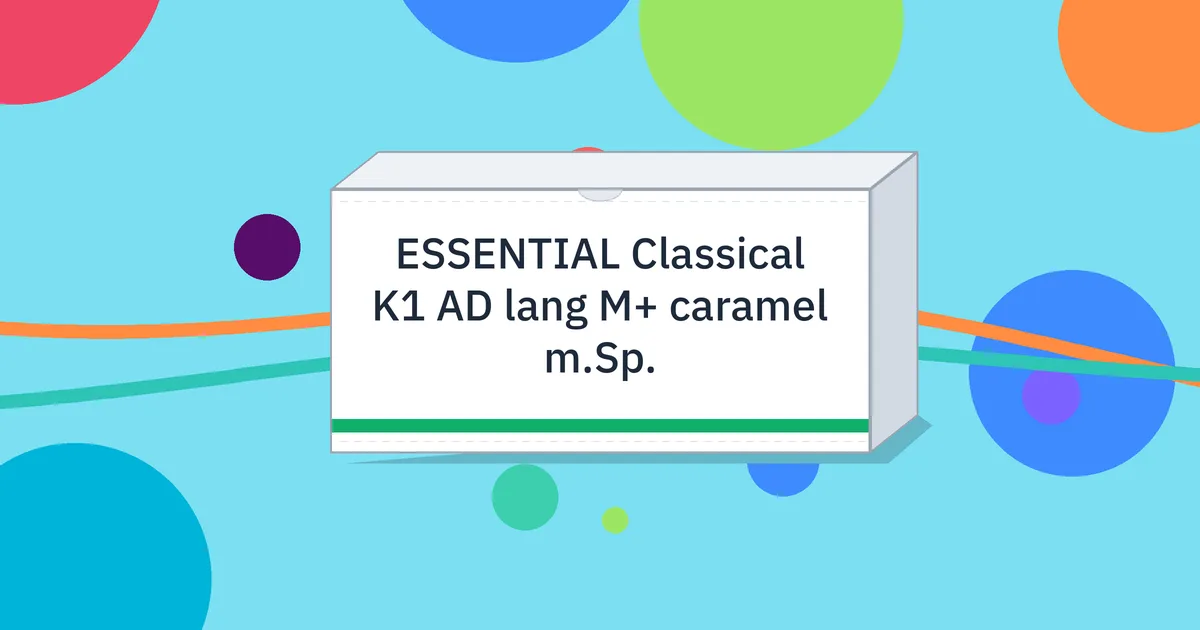Symbolbild: Packung mit der Aufschrift ESSENTIAL Classical K1 AD lang M+ caramel m.Sp. (PZN 17008690) – Verfügbarkeit und Bezug in Apotheken in Frankfurt am Main