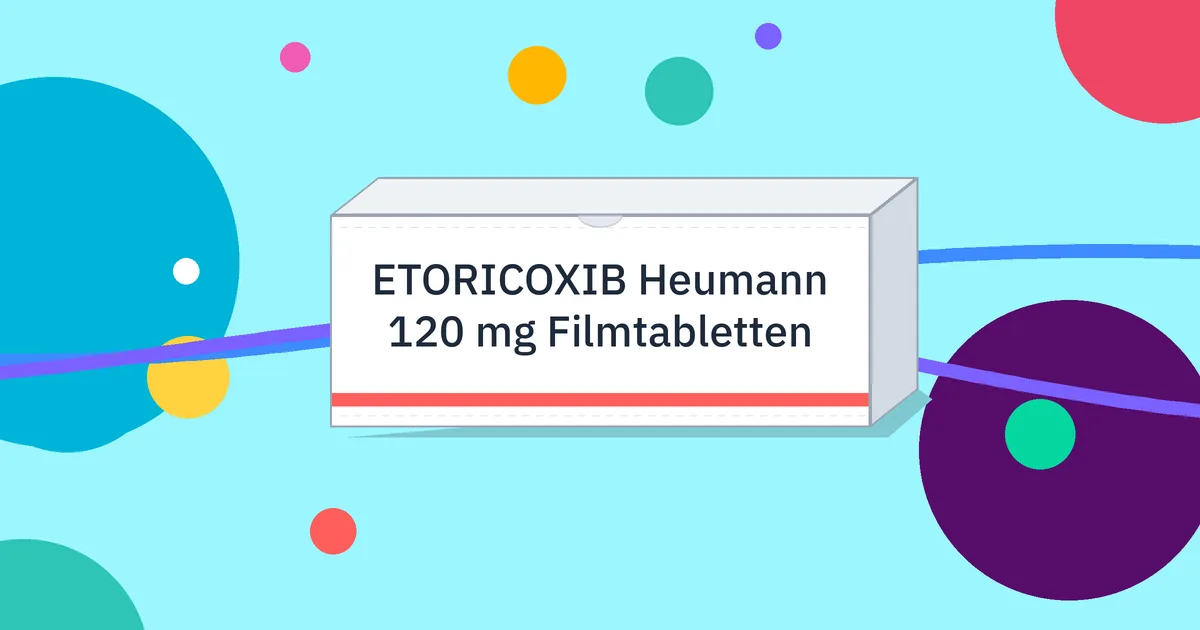 Symbolbild: Packung mit der Aufschrift ETORICOXIB Heumann 120 mg Filmtabletten (PZN 12545207) – Verfügbarkeit und Bezug in Apotheken in Frankfurt am Main