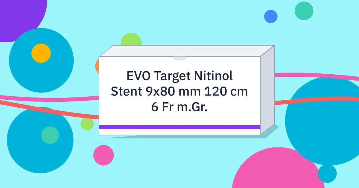 Symbolbild: Packung mit der Aufschrift EVO Target Nitinol Stent 9x80 mm 120 cm 6 Fr m.Gr. (PZN 00105153) – Verfügbarkeit und Bezug in Apotheken in Frankfurt am Main