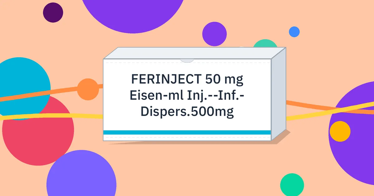 Symbolbild: Packung mit der Aufschrift FERINJECT 50 mg Eisen-ml Inj.--Inf.-Dispers.500mg (PZN 19473310) – Verfügbarkeit und Bezug in Apotheken in Frankfurt am Main