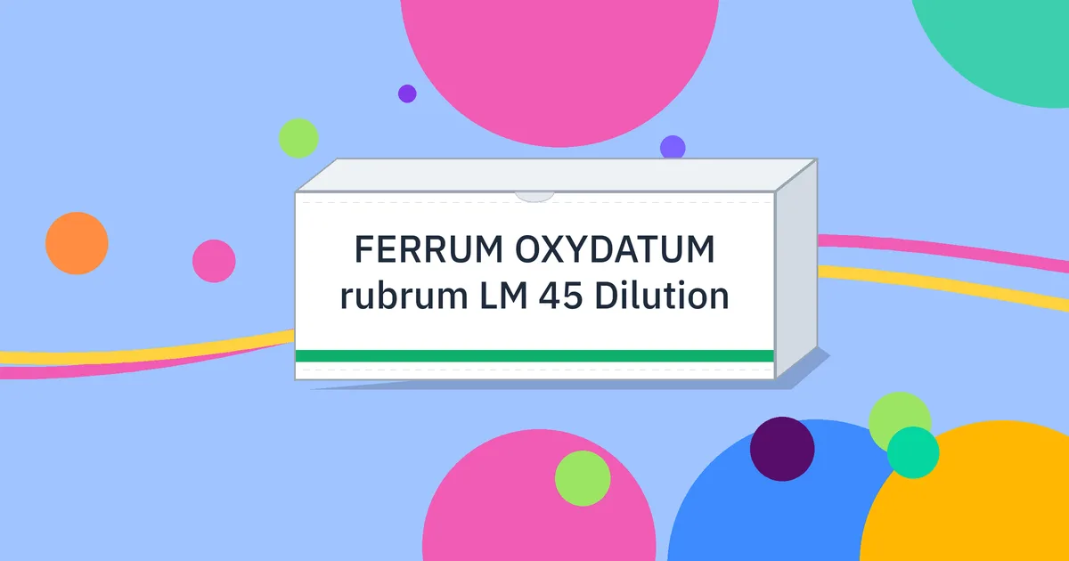 Symbolbild: Packung mit der Aufschrift FERRUM OXYDATUM rubrum LM 45 Dilution (PZN 12851909) – Verfügbarkeit und Bezug in Apotheken in Frankfurt am Main